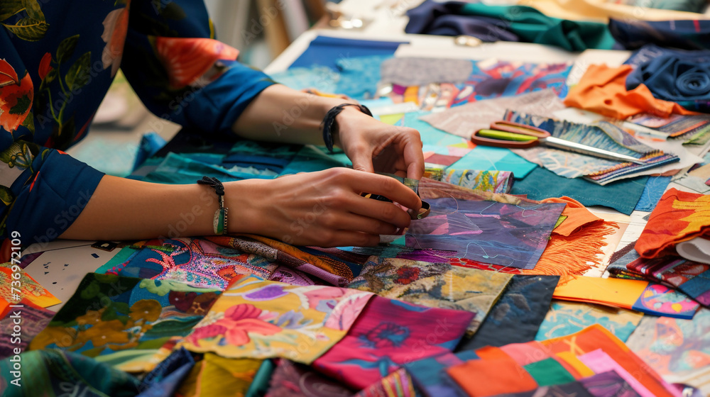 fashion designer meticulously selects textiles amidst a vibrant array ...