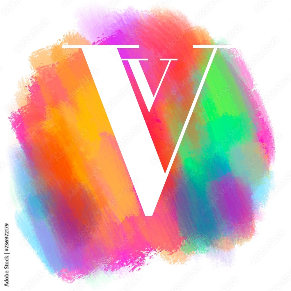 Alphabet on multicolored paint background, white letter V, uppercase ...