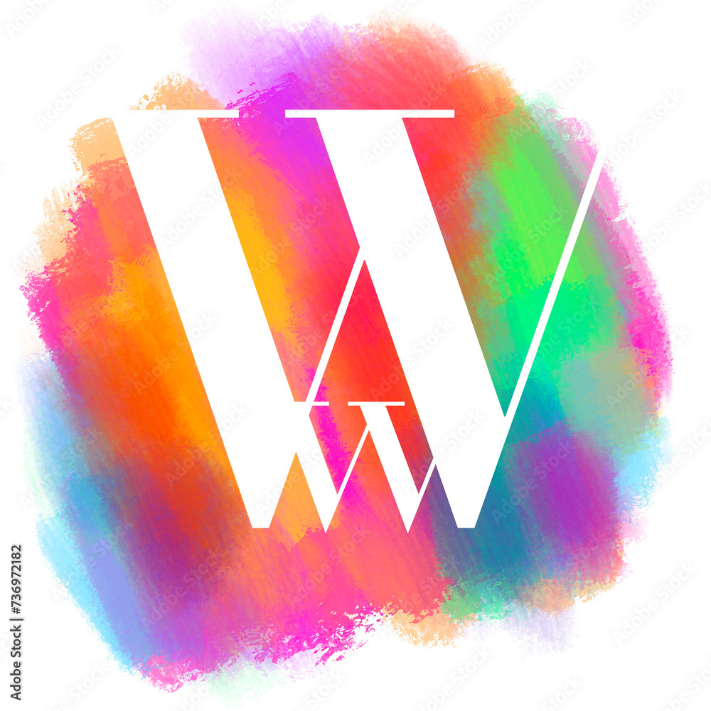 Alphabet on multicolored paint background, white letter W, uppercase ...