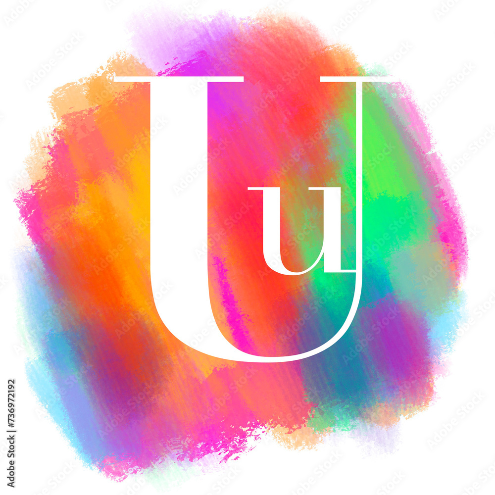 Alphabet on multicolored paint background, white letter U, uppercase ...