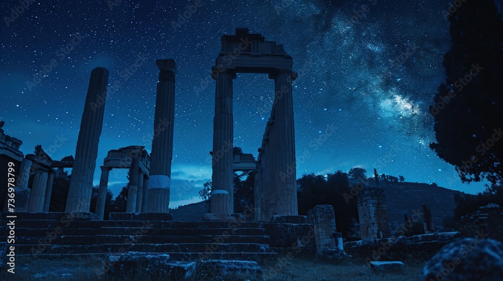 Ancient Greek temple against a backdrop of the Milky Way, merging ...