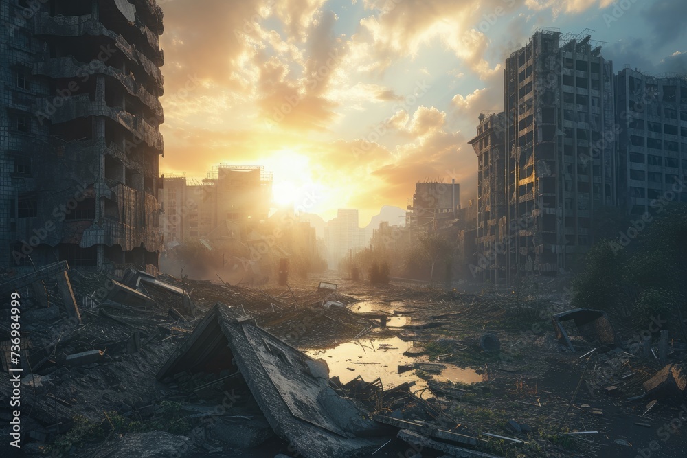 Post-apocalyptic abandoned city. Destroyed buildings, burning rubble ...