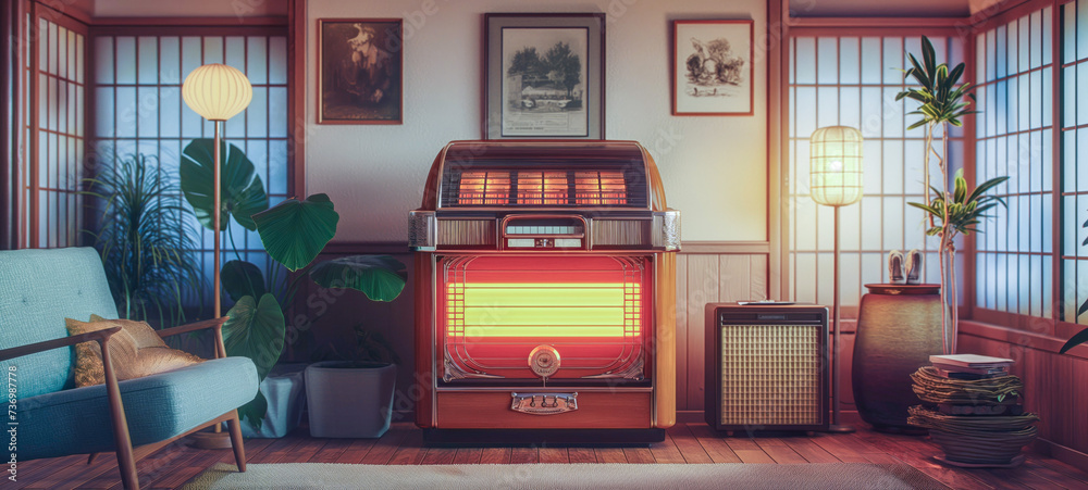 Classic Jukebox in Vintage Living Room with Mid-Century Decor Stock ...