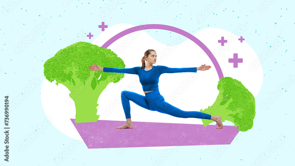 Modern aesthetic artwork. young healthy, athletics woman stretching ...