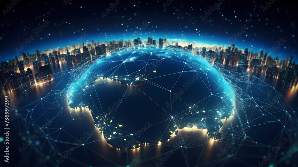 Polygonal mesh network map of the world with lines and points, points ...