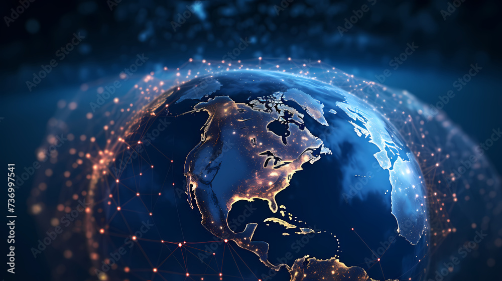 Polygonal mesh network map of the world with lines and points, points ...