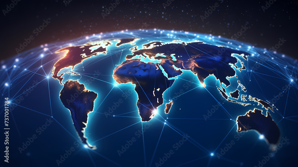 Polygonal mesh network map of the world with lines and points, points ...