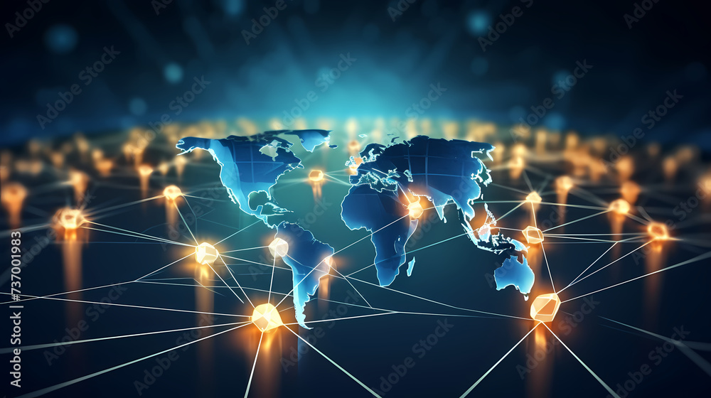 Polygonal mesh network map of the world with lines and points, points ...