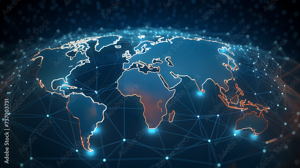 Polygonal mesh network map of the world with lines and points, points ...