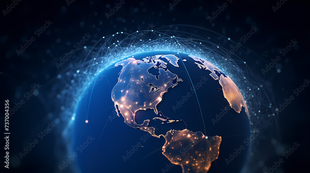Polygonal mesh network map of the world with lines and points, points ...