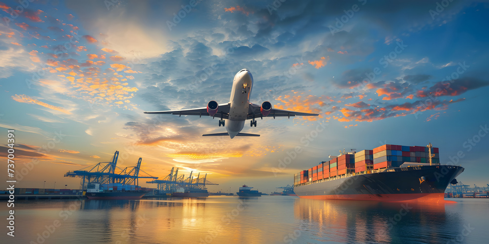 Cargo plane flying over a container ship in an international import and ...