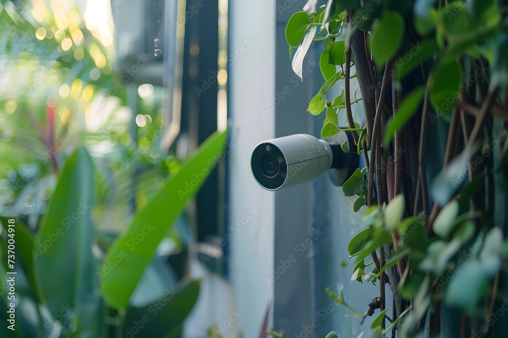 Home security. Video surveillance camera installed on the wall of a ...
