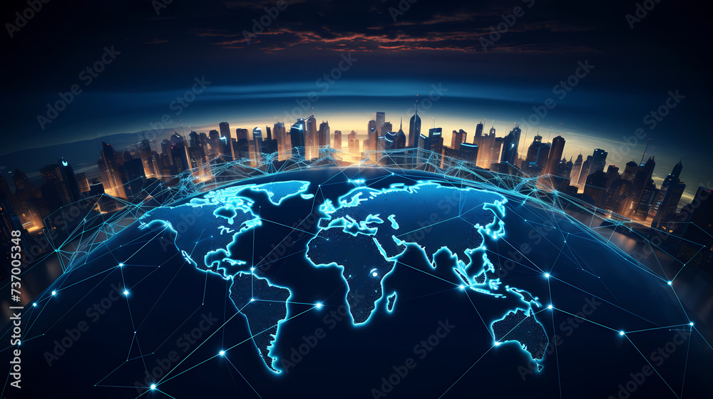 ภาพประกอบสต็อก Polygonal mesh network map of the world with lines and ...