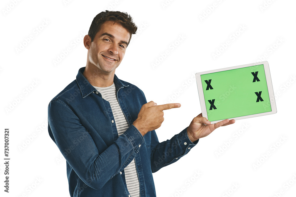 Portrait, tablet and man pointing at green screen, smile and mockup ...