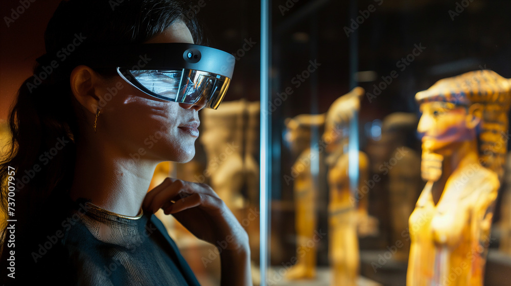 Woman with augmented reality glasses at a museum exhibit, ancient ...