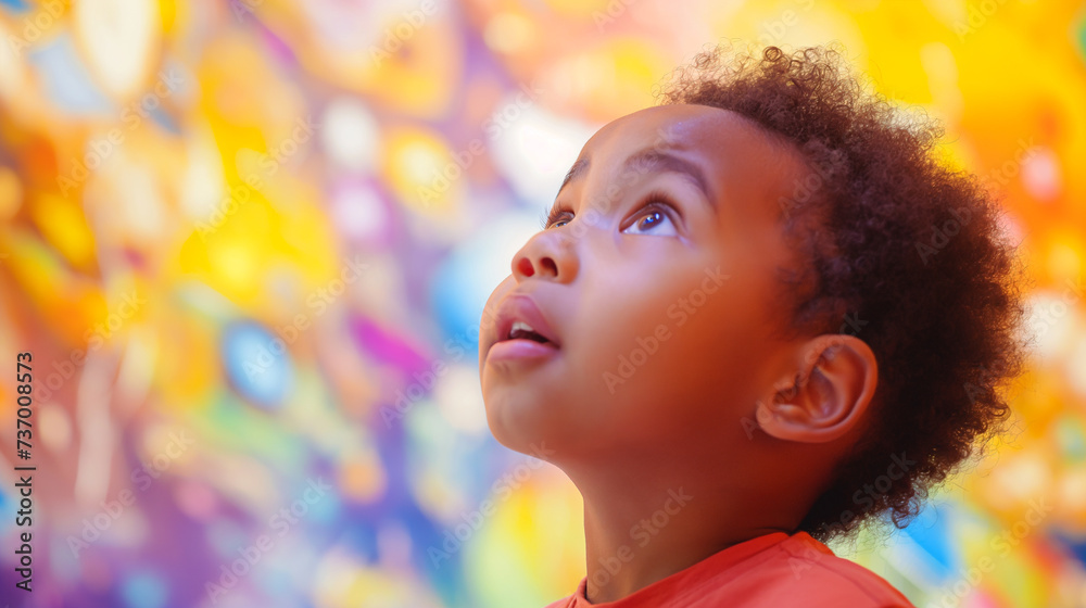 Young child in a museum looking up in wonder at colorful artwork, the ...
