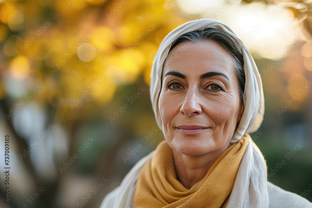 Headshot of beautiful mature Middle Eastern woman with blurred nature ...