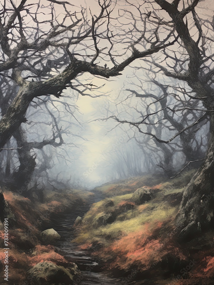 Misty Scottish Moors: Enchanting Forest Wall Art of Moorland Trees in ...