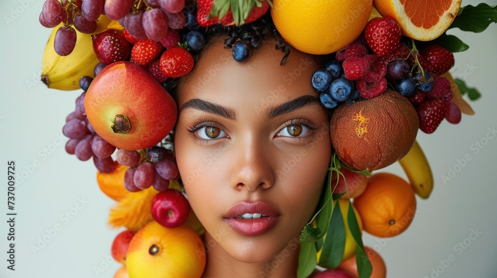 A beautiful female face with exotic fruits in the form of allocating ...