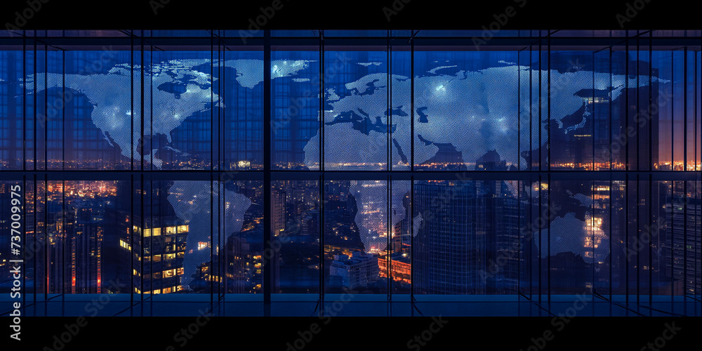 World map on lit-up building windows at night symbolizing business ...