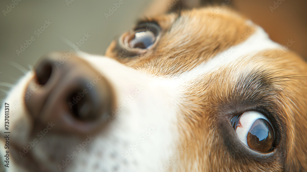 Dog looking up with adoring eyes at its owner, whose face is out of ...