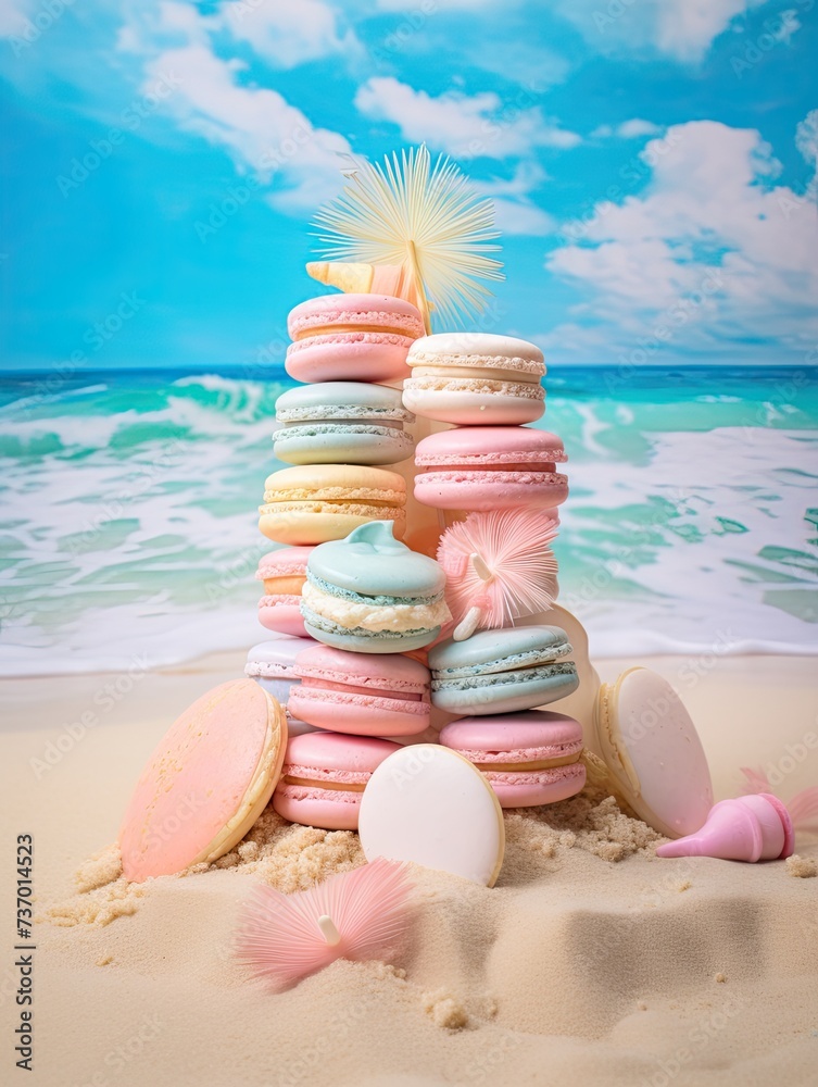 Pastel Parisian Macaron Towers: A Tropical Beach Scene with Macarons on ...