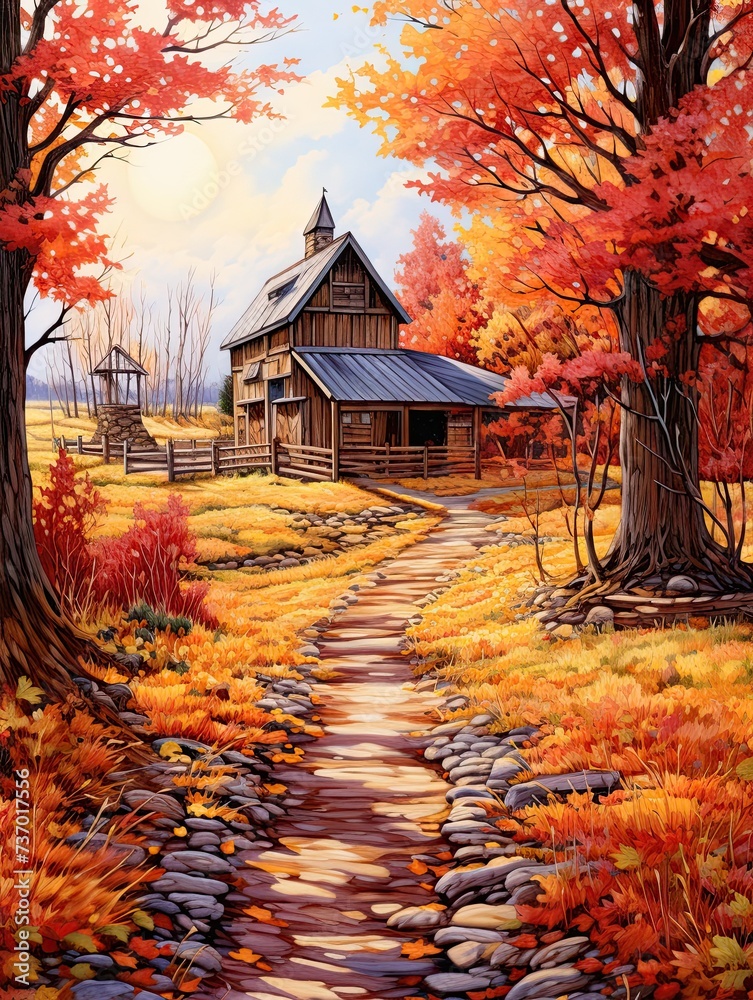 Rustic Barns in Fall Foliage: Pathway Paintings and Serene Barn ...