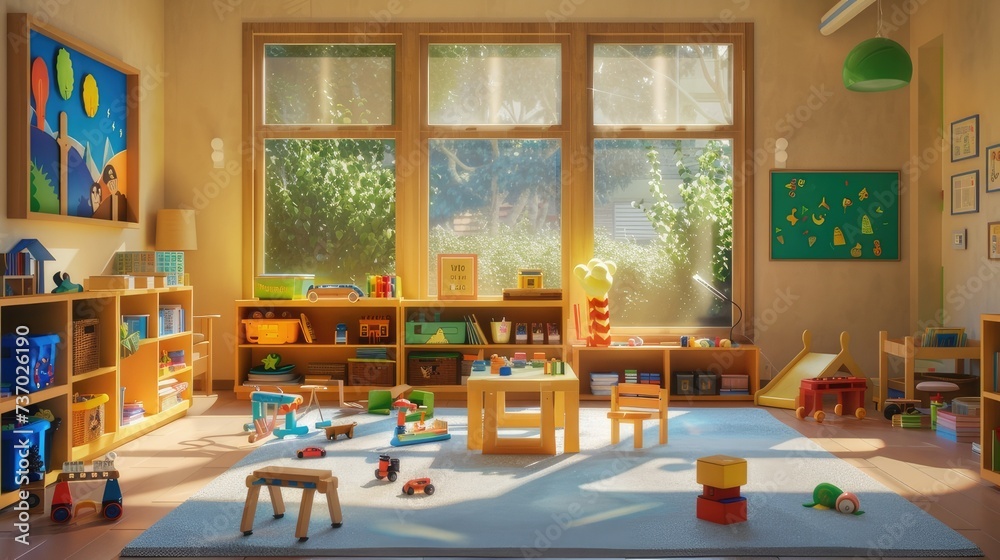 school desks, playroom, chairs, toys and decorations are arranged to ...