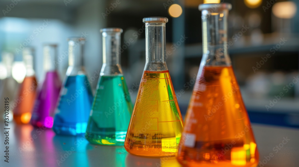 Chemical flasks with multi-colored liquid, reagents for experiments ...