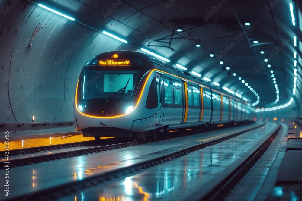 Frontal view of a modern metro wagon. Train into a neon-lit arched ...