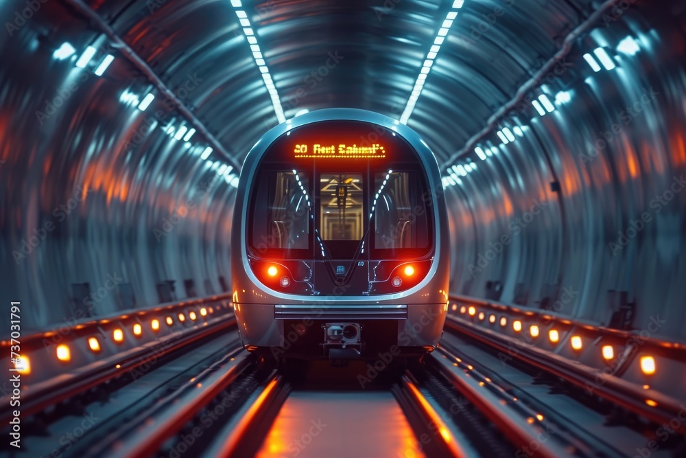 Frontal view of a modern metro wagon. Train into a neon-lit arched ...
