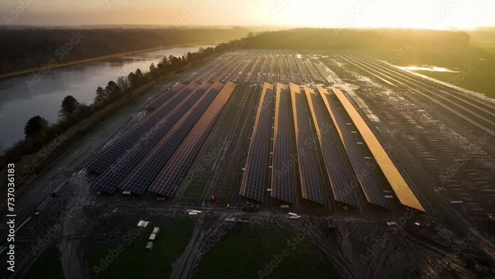 Footage of a construction site for a photovoltaic park, featuring solar ...