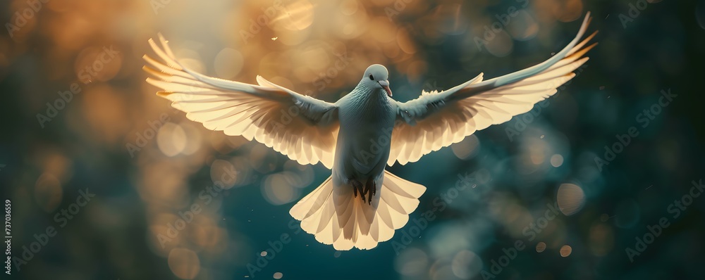 Symbolic dove flies with open wings representing the Holy Spirit in ...