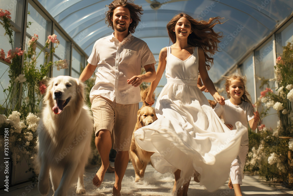 Friendly happy family, children, parents and dog having fun, laughing ...