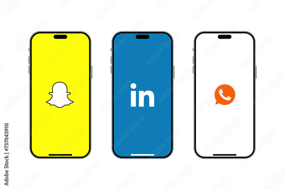 Snapchat, Linkedin, WhatsApp mockup logo set. Social media icons on the ...