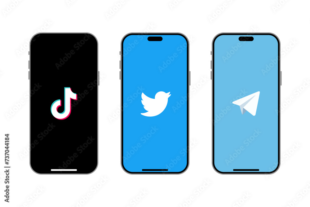 Social media icons on the iPhone screen. Tik Tok, Twitter X, Telegram ...