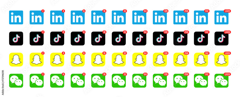 Social media notification icons. Linkedin, Tik Tok, Snapchat, WeChat ...