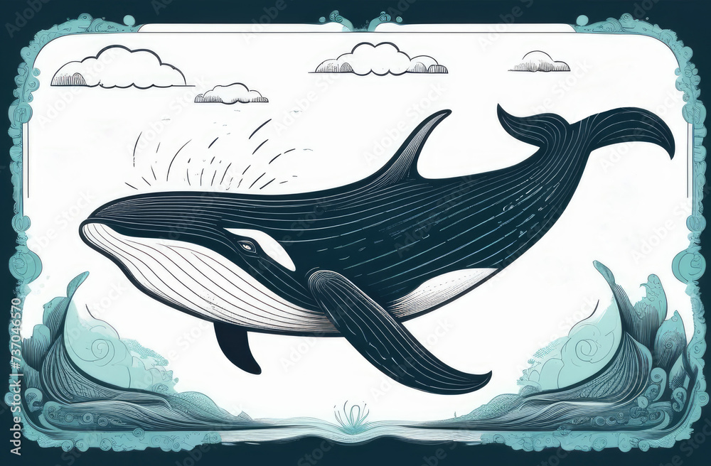 engraved drawing of giant whale jumping out of water in ocean. sea wild ...