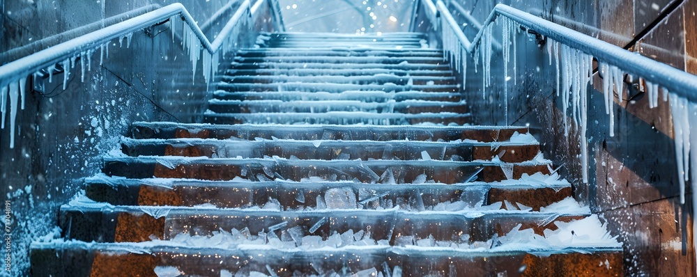 Perilous Icy Stairway Poses Safety Risk for Pedestrians. Concept Winter ...