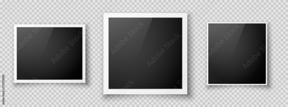 A set of realistic photo frames with highlights on a transparent ...