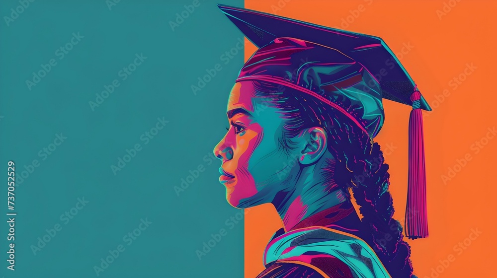 Side profile of a young graduate in cap and gown, vibrant dual-tone ...