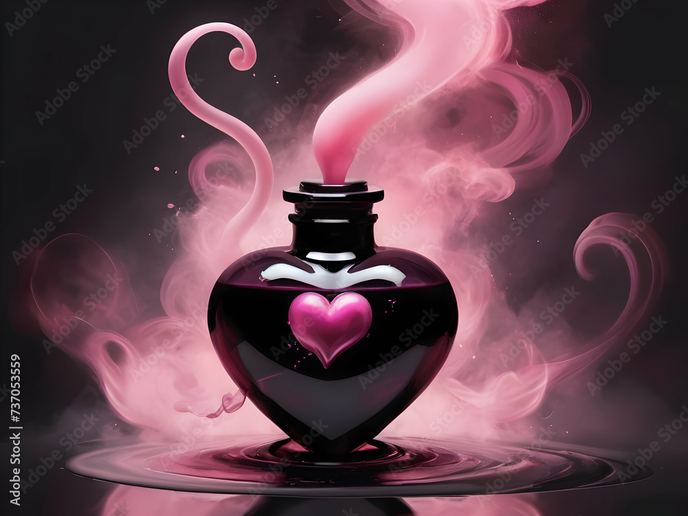 love potion created in a magical laboratory with heart-shaped pink ...