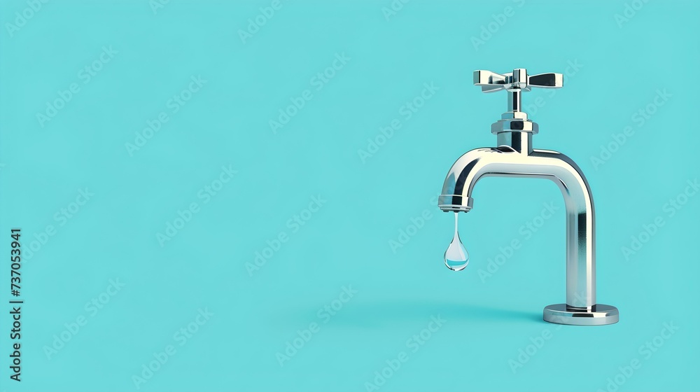 Silver water tap with a single drop against a blue background ...