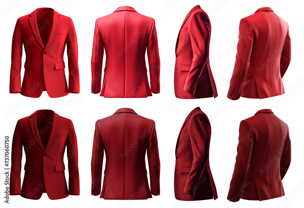 2 Set of red maroon, front back side view, business collar suit blazer ...