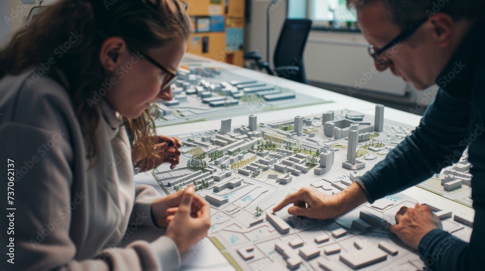 Two urban planners with a 3D city map, discussing sustainable ...