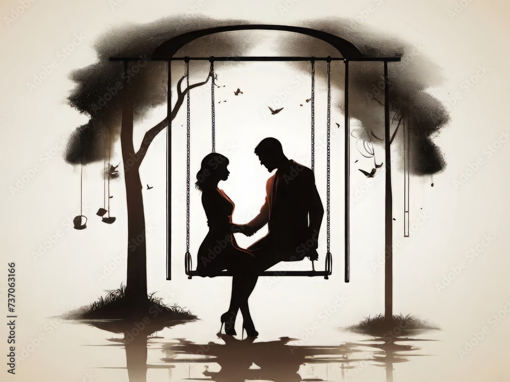 Silhouette of couple. Couple on a swing. Swingers club couple ...