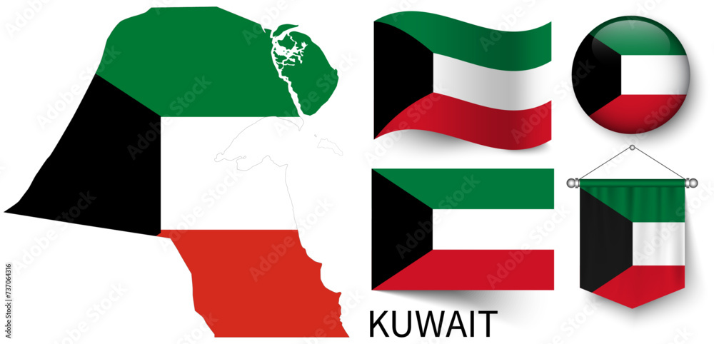 The various patterns of the Kuwait national flags and the map of Kuwait ...