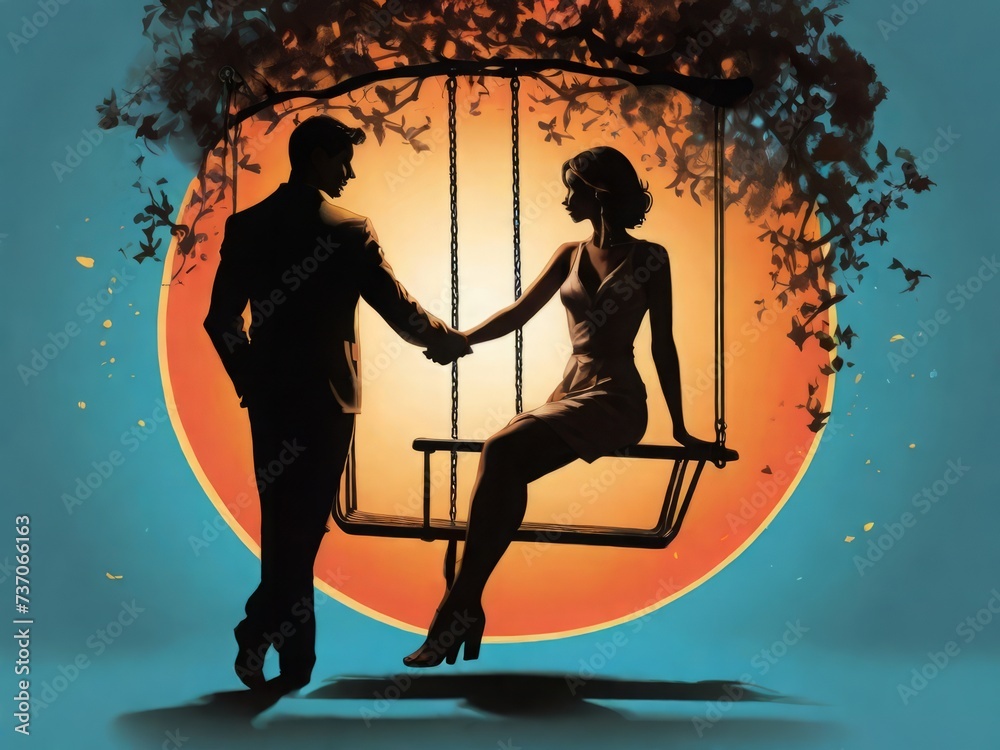 Silhouette of couple. Couple on a swing. Swingers club couple ...