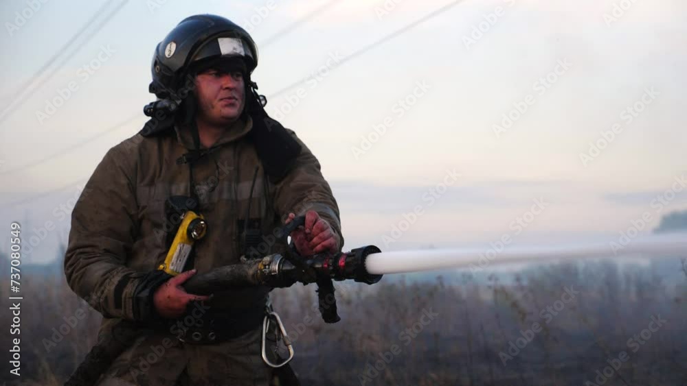 Professional fireman in full equipment putting out flame on field. Male ...