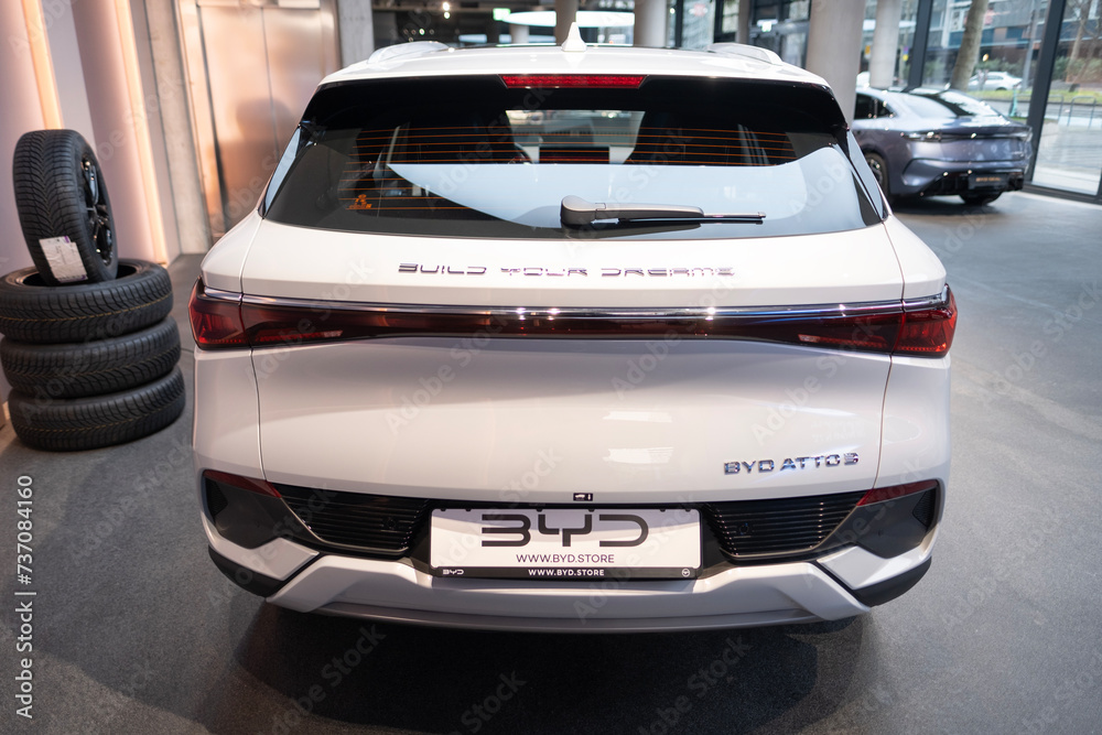 new white BYD Han EV 3.95, rear view, Electric Vehicle Chinese ...